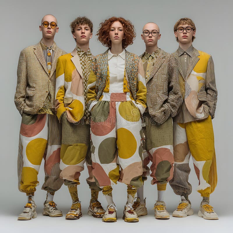 Fashion Group in Oversized Avant-Garde Patchwork Outfits Stock ...