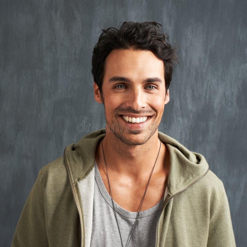 Fashion Happy And Portrait Of Man On Gray Background With Trendy Style