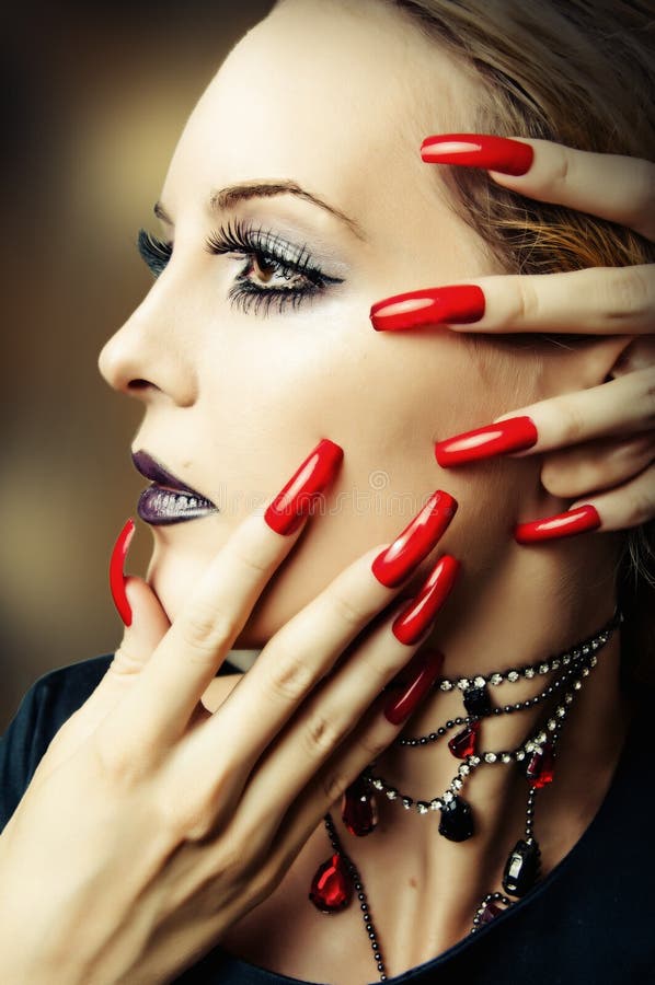 Beautiful Make Up And Long Red Nails Stock Image Image Of Glam