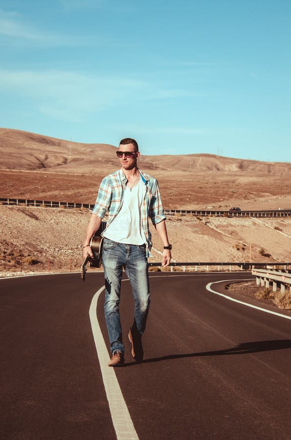 Fashion Man Alone Walk on the Road Stock Image - Image of countryside ...