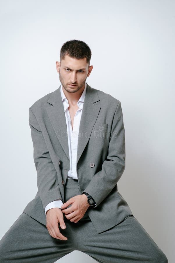 Fashion Man Model in Grey Suit, Barefoot Stock Image - Image of people ...