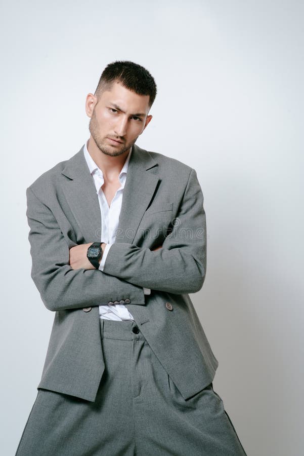 Fashion Man Model in Grey Suit, Barefoot Stock Photo - Image of ...