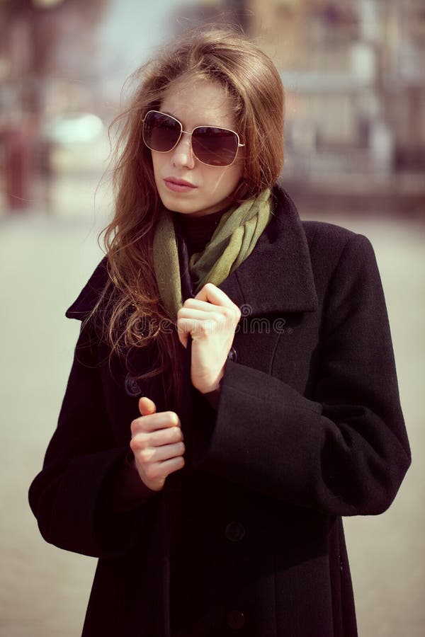 Fashion Model in Black Coat Stock Photo - Image of glasses, oomph: 30766978
