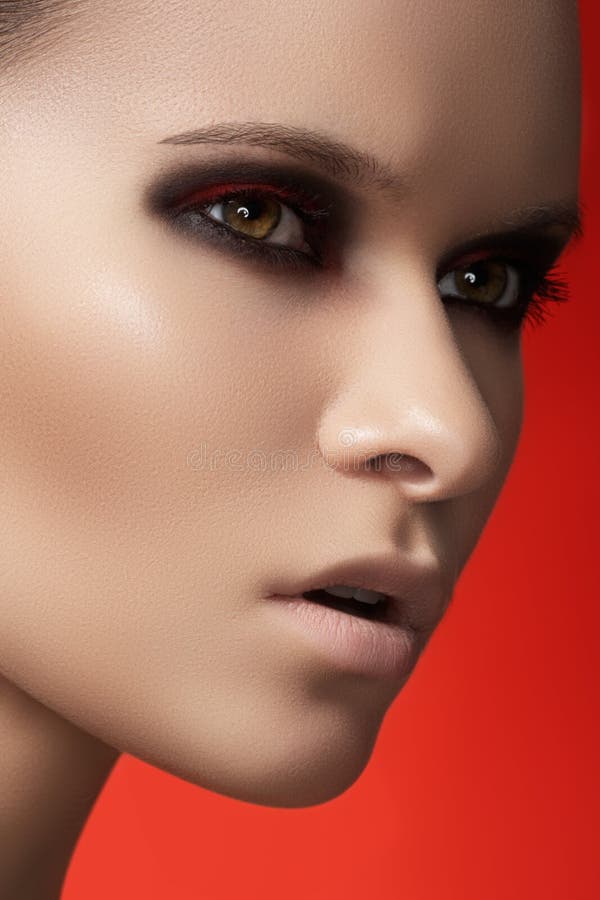 Fashion Model Face with Dark Make-up & Purity Skin Stock Image - Image ...