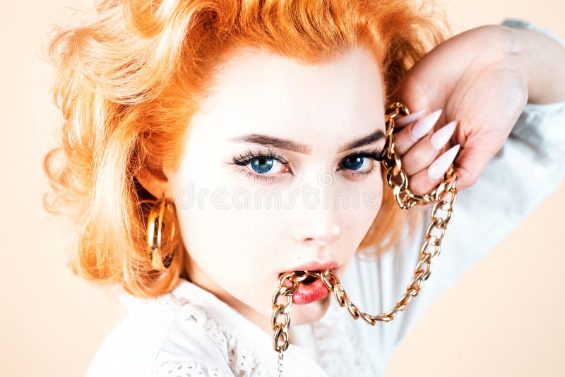 Redhead Woman Close Up Portrait With Golden Chain In Mouth Stock Image Image Of Gorgeous