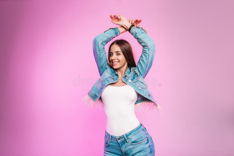 Fashion Model Joyful Young Woman In Denim Jacket In Jeans In A T Shirt