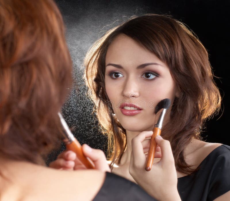Fashion Model Makeup with Brush on the Mirror Stock Photo - Image of ...
