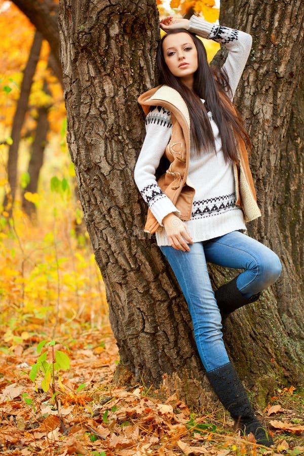 Fashion Model Near Tree in Autmn Park Stock Photo - Image of golden ...