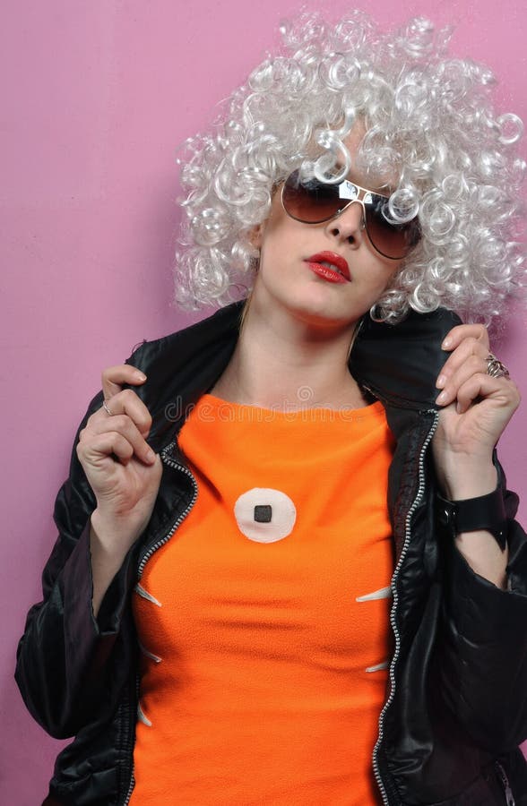 Fashion Model in Orange Blouse and White Wigs Stock Image - Image of ...