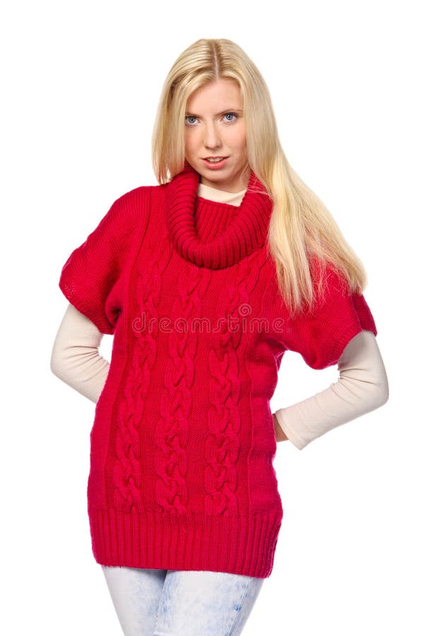 Fashion Model in Red Sweater Posing Stock Image - Image of hair, model ...