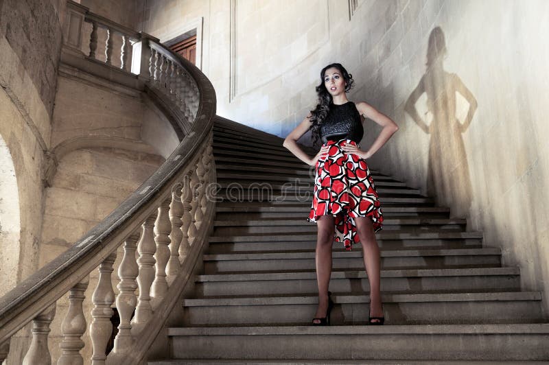 Fashion Model with Designer Dress on Stairs Stock Image - Image of ...
