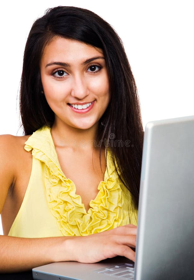 Fashion Model Using a Laptop Stock Image - Image of isolated, computer ...