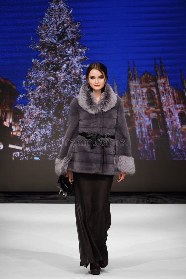 Fashion Model Walks on Runway in Fur Coat Stock Photo - Image of ...