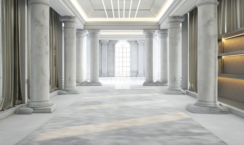 Fashion Runway with Light Grey Carpet Floor, Classic Library Backdrop ...