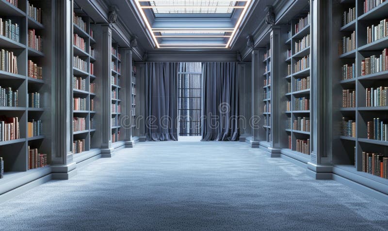 Fashion Runway with Light Grey Carpet Floor, Classic Library Backdrop ...