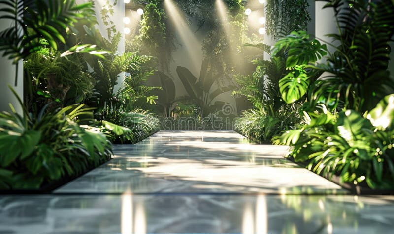Fashion Runway with Marble Floor, Lush Greenery Backdrop Stock Photo ...