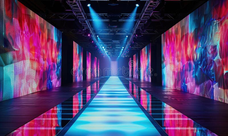 Fashion Runway with Metallic Floor, Urban Graffiti Backdrop Stock Photo ...