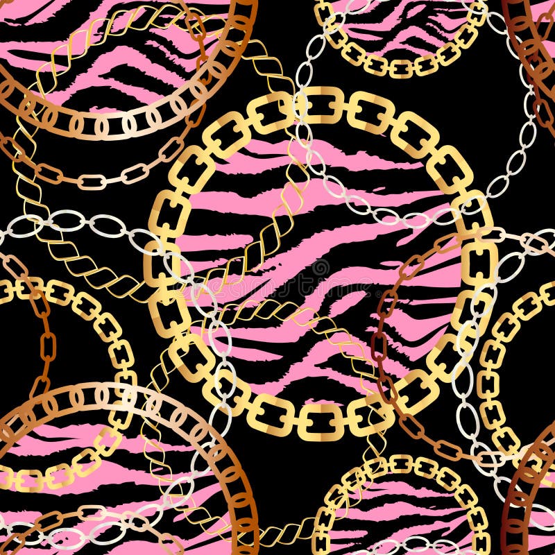 Fashion Seamless Pattern with Golden Chains and Tiger Print. Fabric ...