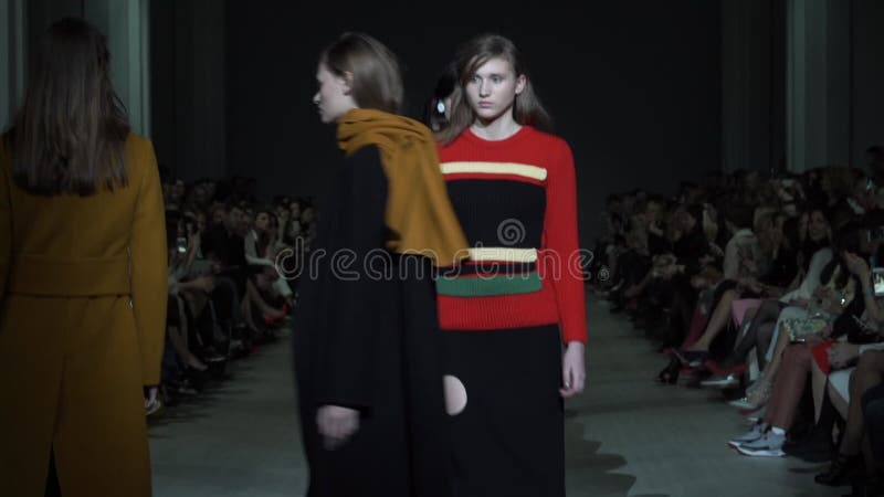 Fashion Show. Group of Models Walking on the Catwalk. Slow Motion Stock ...