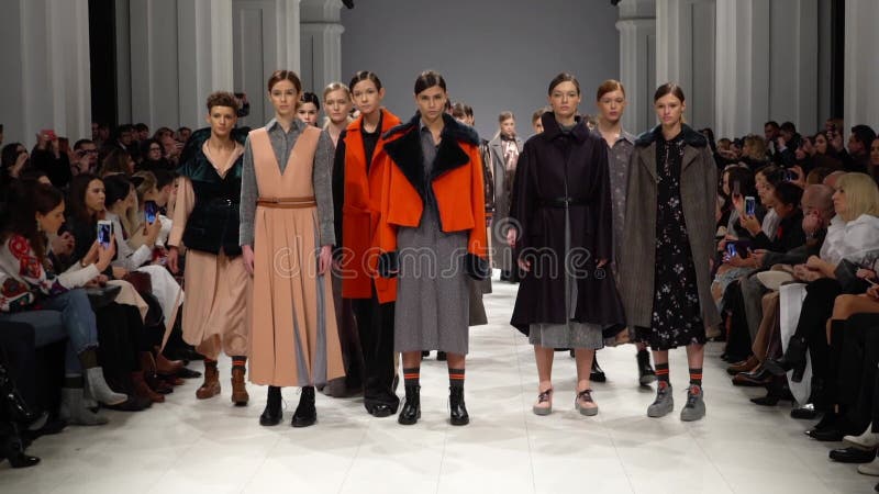 Fashion Show. Group of Models Walking on the Catwalk. Slow Motion Stock ...