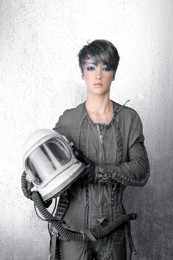 Astronaut Fashion Stand Woman Space Suit Helmet Stock Image Image Of