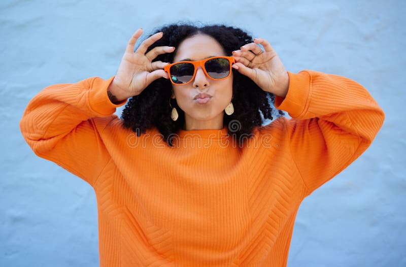 Fashion Sunglasses And Black Woman With Kiss Face Summer Style And
