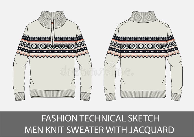 Fashion Technical Sketch Men Knit Sweater with Jacquard Stock Vector ...