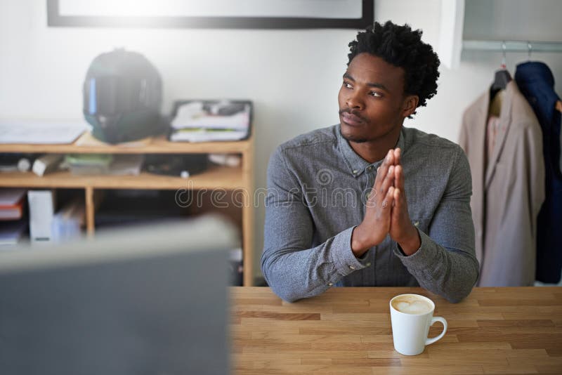 Fashion, Thinking and Black Man with Ideas, Hands Together and Solution ...