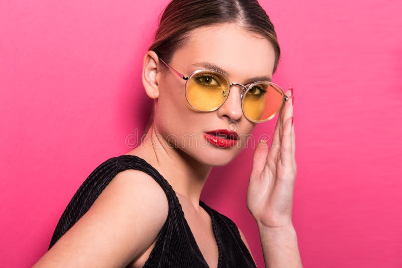Fashion Vogue Model Young Woman Holding Glasses Stock Image Image Of