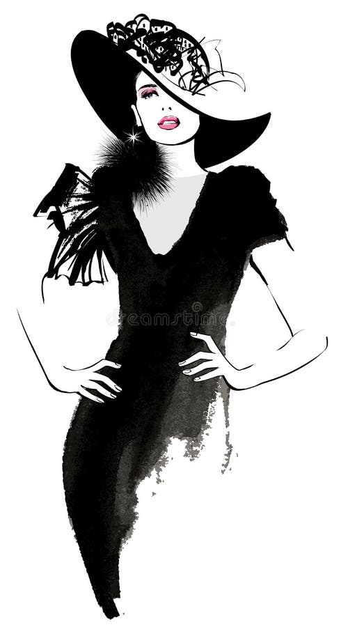 Fashion Woman Model with a Black Hat Stock Vector - Illustration of ...