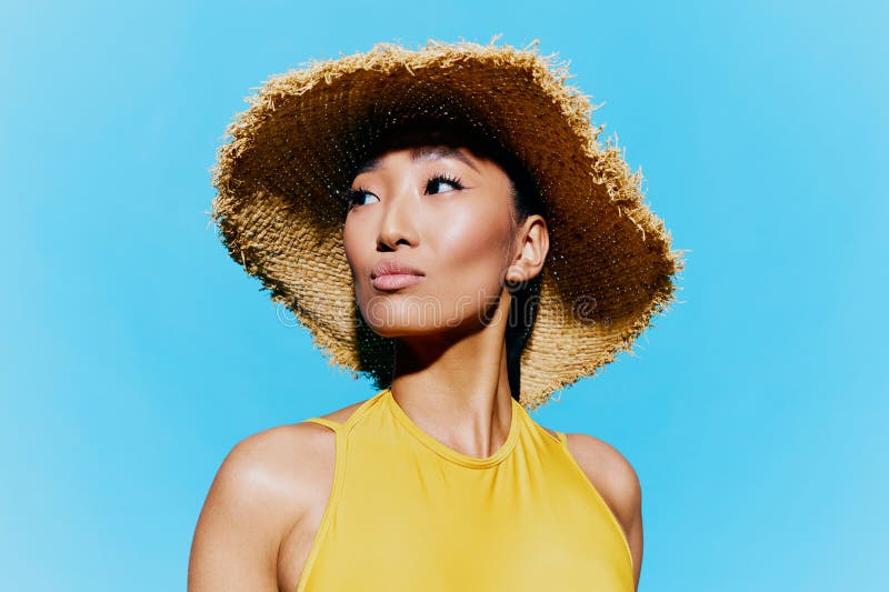 Fashion Woman Trendy Smile Beauty Portrait Swimsuit Yellow Stock Image
