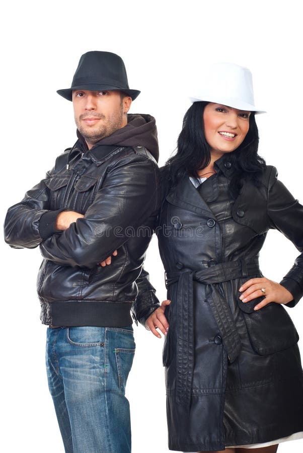 Fashionable Couple in Leather Coats and Hats Stock Image - Image of ...