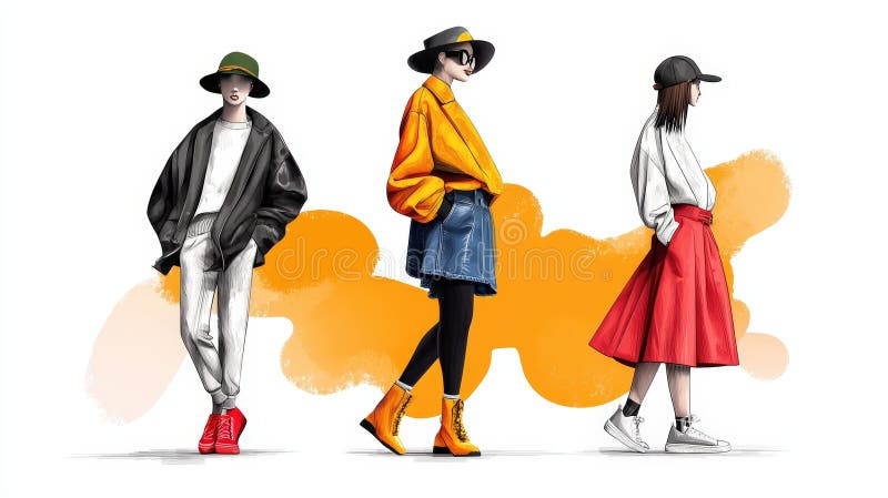 Fashionable Models in Colorful Outfits Stock Illustration ...