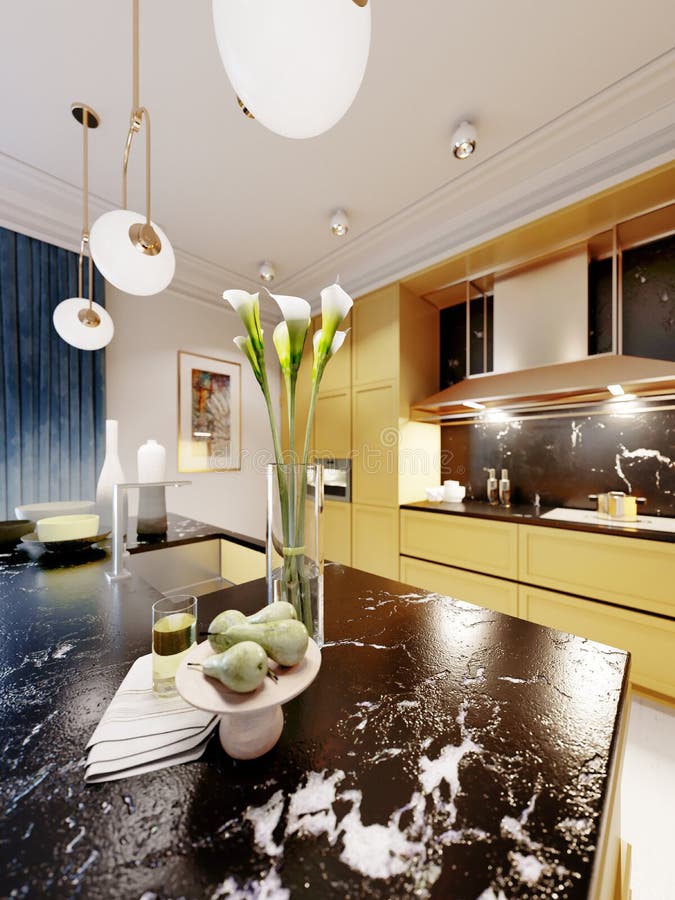 Fashionable and Modern Kitchen in Yellow with a Kitchen Island and Bar ...