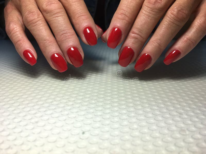 Fashionable Red Manicure on Short Square Nails Stock Photo - Image of ...