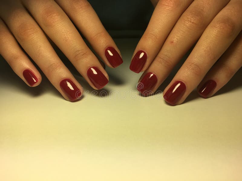 Fashionable Red Manicure on Short Square Nails Stock Image - Image of ...