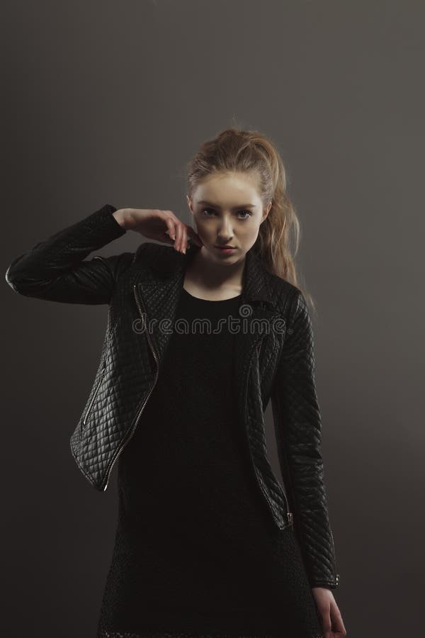 Splendid Young Model Posing for Model Tests in Leather Jacket a Stock ...