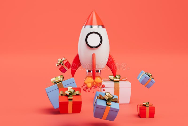 The Fast Approach of the Holiday. a Rocket Taking Off and Gift Boxes on ...