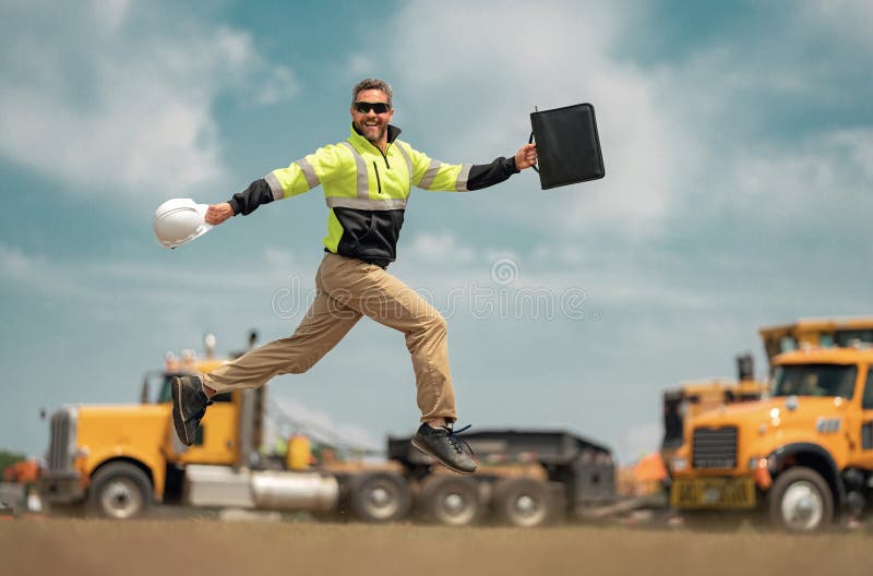 Fast Building. Funny Construction Worker Jumping. Excited Jump of ...