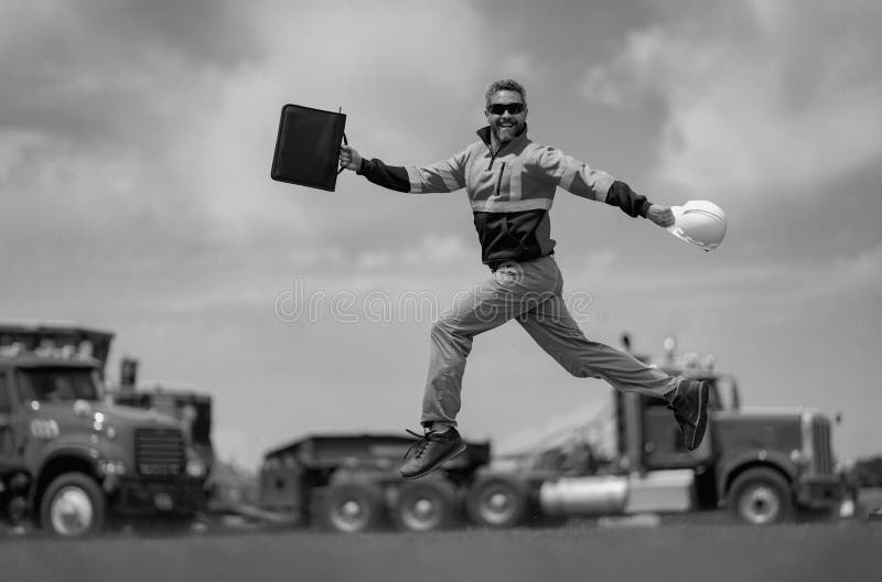 Fast Building. Funny Construction Worker Jumping. Excited Jump of ...