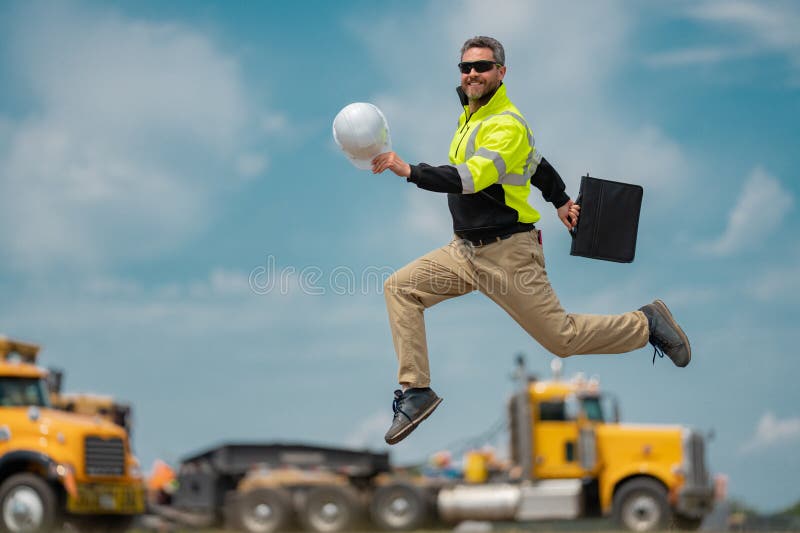 Fast Building. Funny Construction Worker Jumping. Excited Jump of ...