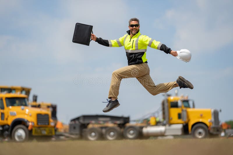 Fast Building. Funny Construction Worker Jumping. Excited Jump of ...