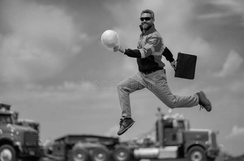 Fast Building. Funny Construction Worker Jumping. Excited Jump of ...