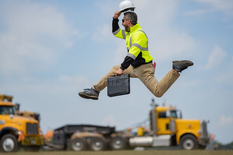 Fast Building. Funny Construction Worker Jumping. Excited Jump of ...