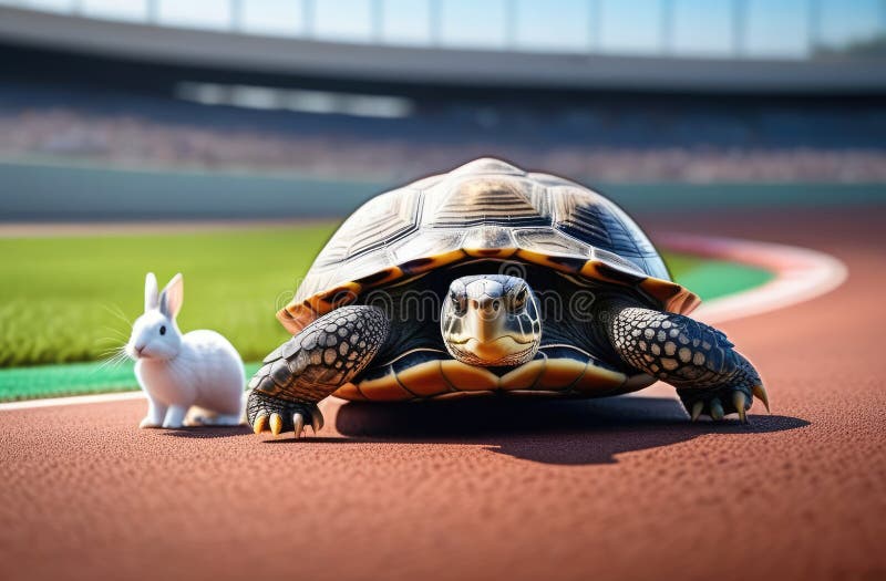Fast Bunny Versus Slow Turtle at Racing Track of Stadium, Illustration ...