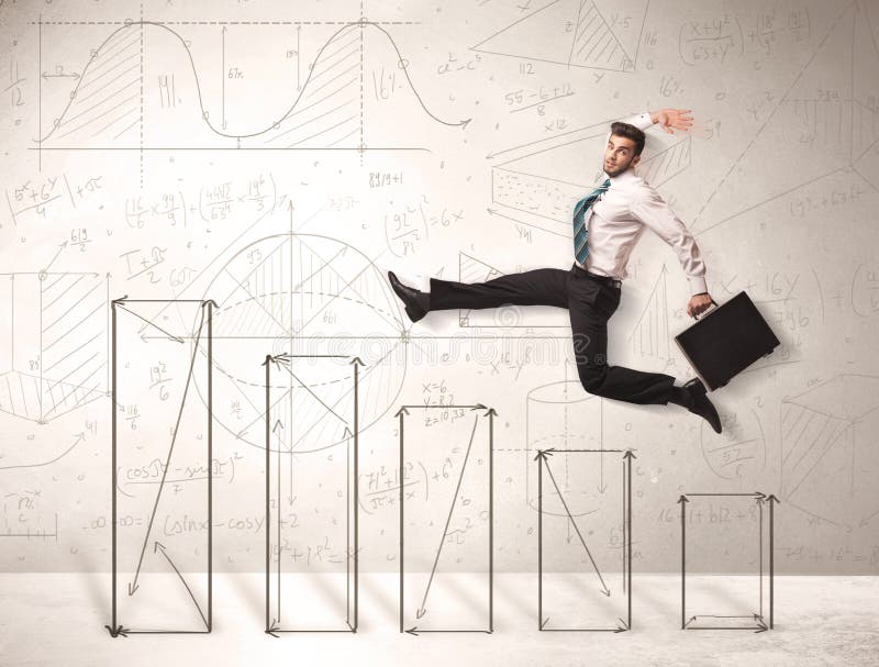 Fast Business Man Jumping Up on Hand Drawn Charts Stock Photo - Image ...