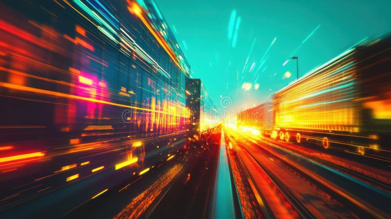 Fast Cargo Trains Moving on Railway at Night with Light Trails ...