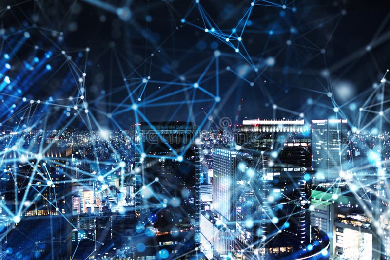 Fast Connection in the City at Night. Abstract Technology Background ...