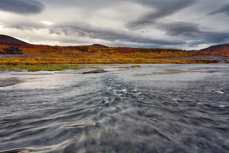 The Fast Current on the River and the Autumn Scenery Around. Stock ...