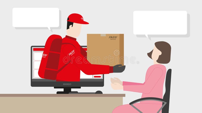 Fast Delivery Concept. Delivery Man and Parcel Box Get through Computer ...